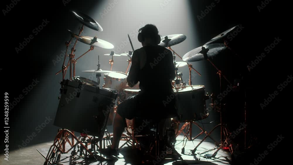 Silhouette of professional drummer on stage in darkness, gig in concert ...