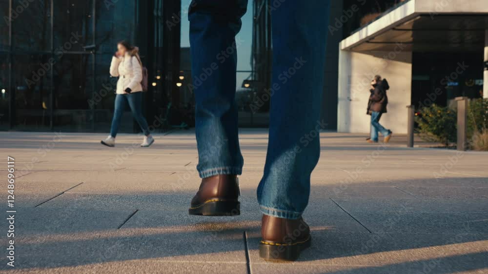 Back view following male feet steps walking street on sunny autumn day ...