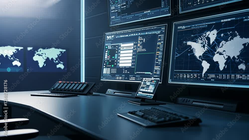 Futuristic control room featuring cutting-edge SCADA system technology ...
