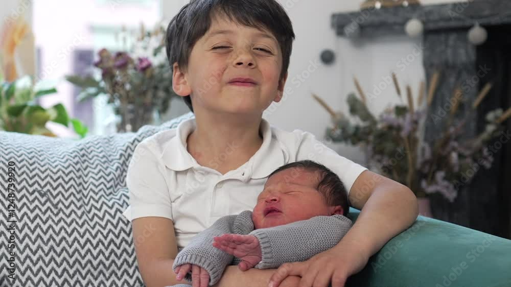 Young boy kisses his crying newborn sibling's head, both nestled in a ...