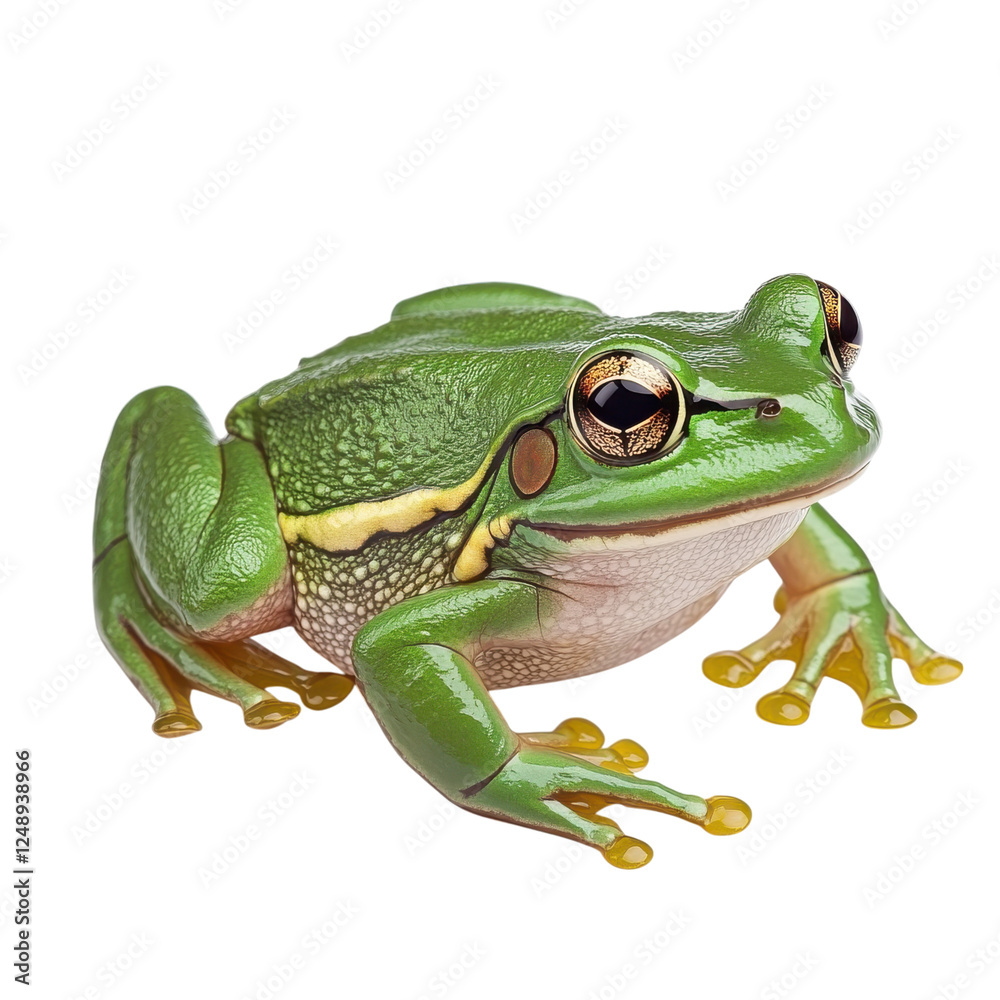 Poster, Foto A vibrant green frog with distinctive yellow markings and ...