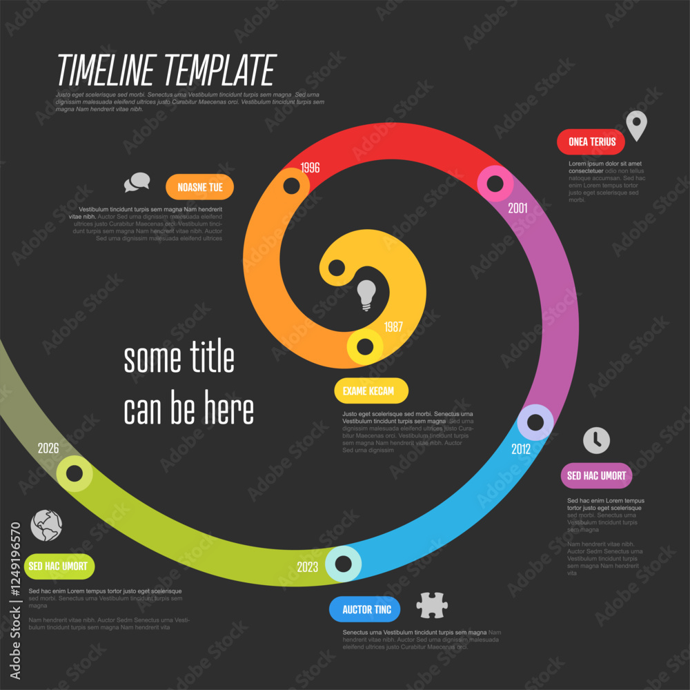 Poster A vibrant dark spiral timeline template showcasing key events in ...