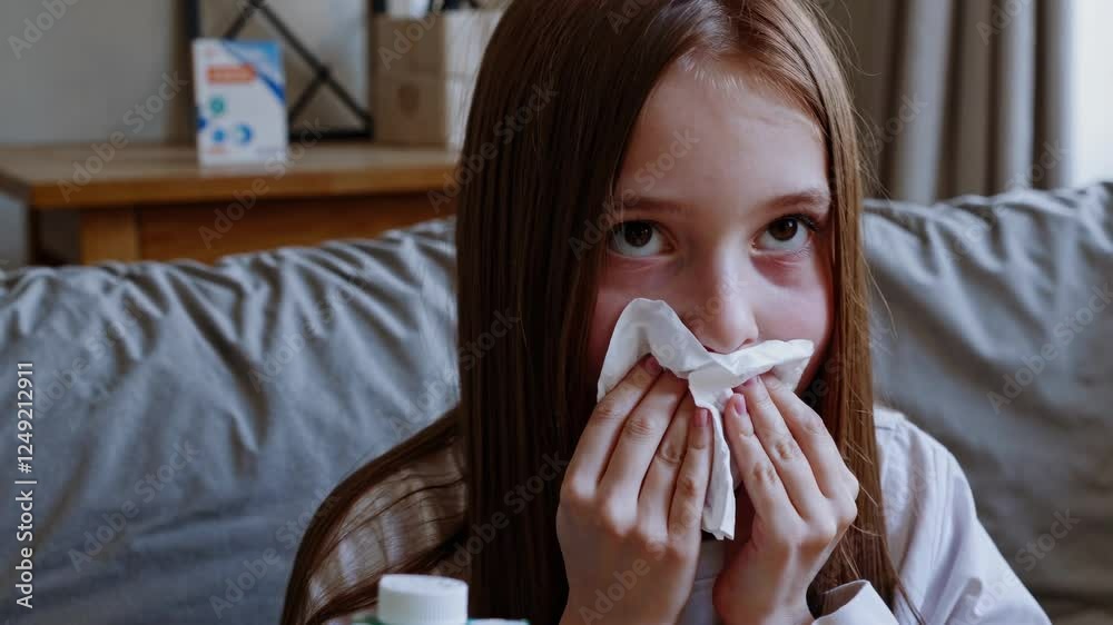 Young preteen girl sitting on living room sofa, blowing nose with ...