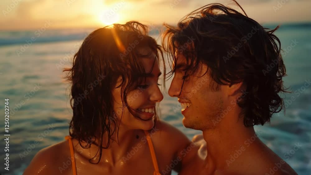 Backlit photo of a very attractive young couple kissing by the sea ...