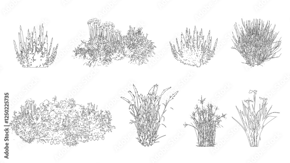 set of shrubs line cad, minimal isolated on white background. Ground ...