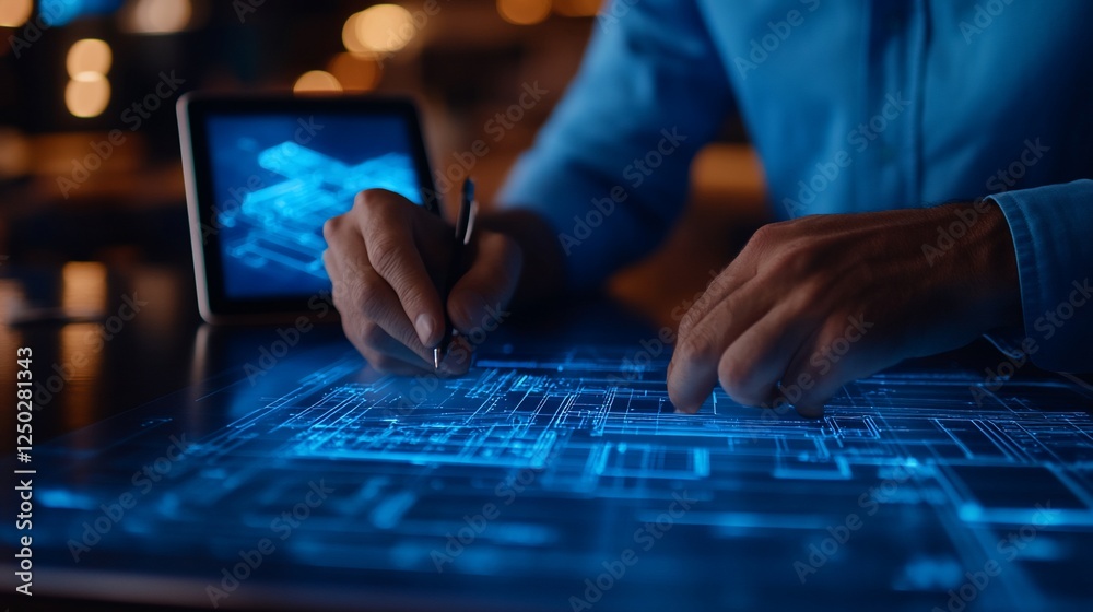 Poster Illuminated blue schematics under diligent hand, technology-driven design proces – Wall ...