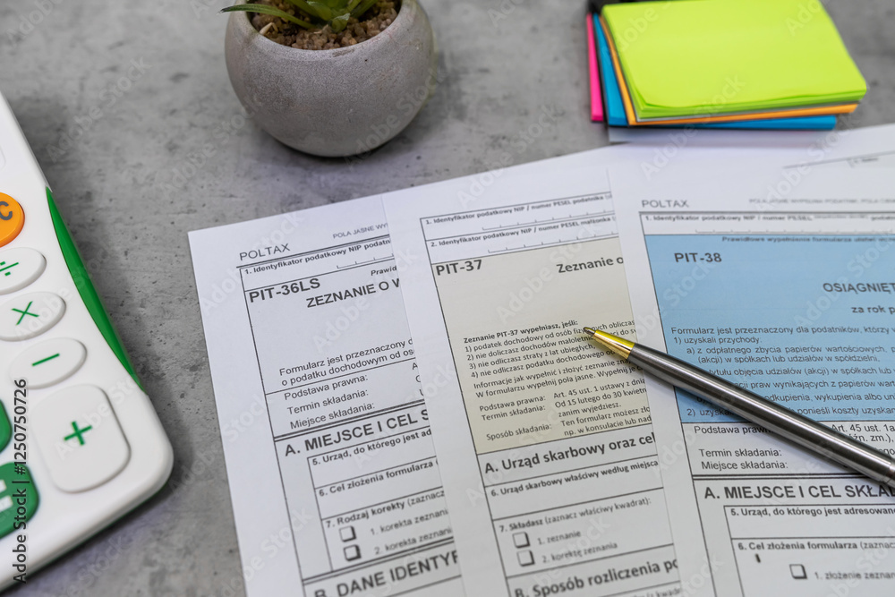 Poster Poland annual tax return form PIT 37 38 and VAT tax forms close ...