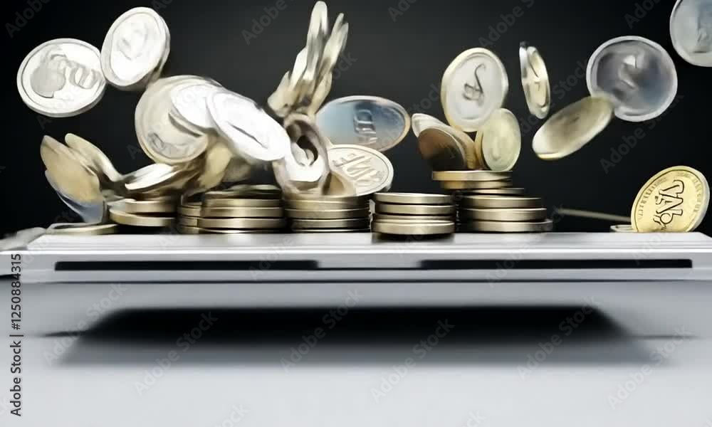 A close-up video of gold coins falling into a metal box. The coins ...