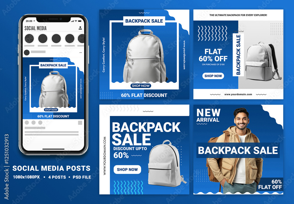 Backpack Sale Social Media Square Posts Set with Smartphone Mockup for ...