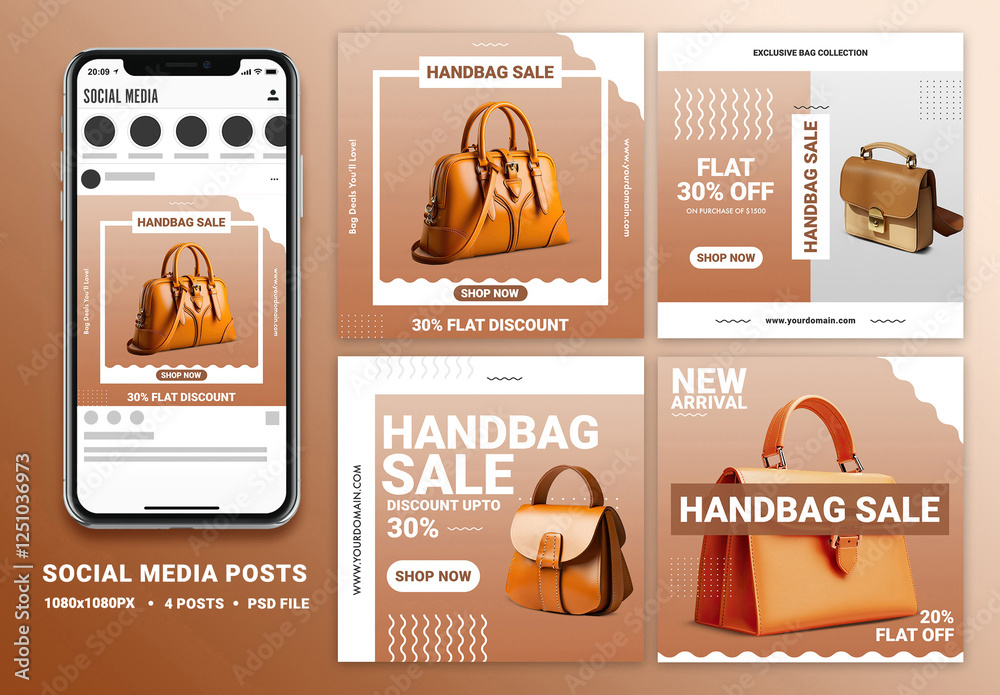 Handbag Sale Social Media Square Posts Set with Smartphone Mockup for ...