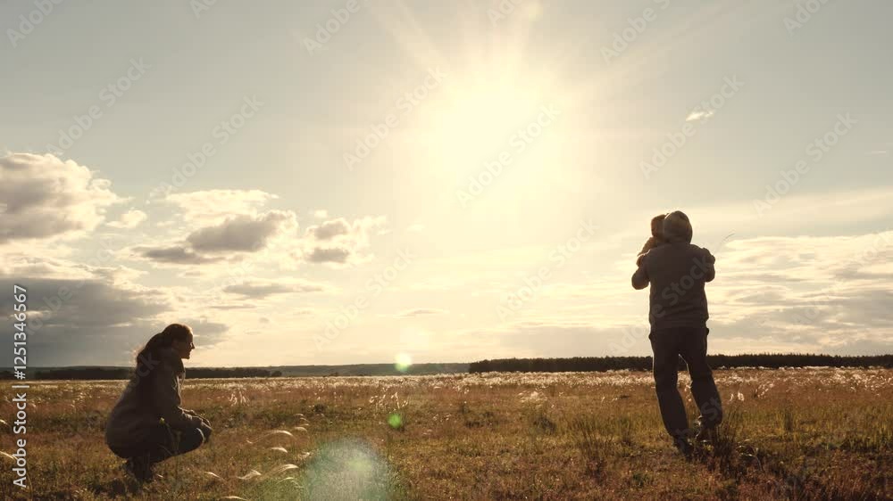 mother child father hug sunset, family happiness run, dream child girl ...