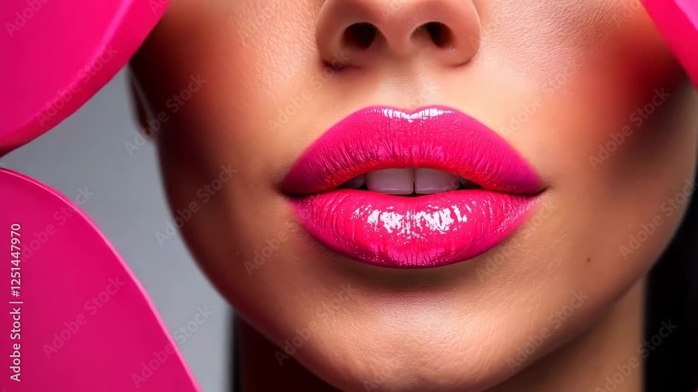 Woman's lips are painted in a bright pink color. The lips are very ...