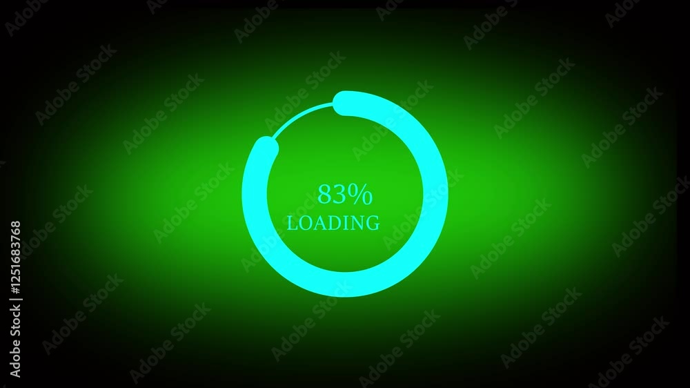 Loading bar with circle loading animation on a black background. 0-100 glowing upload completed ...