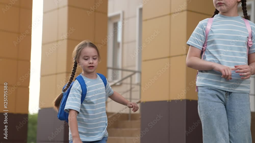 cheerful children walk during recess in the school yard, girlfriends ...