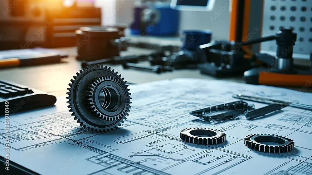 A modern engineering workspace with blueprints of gears and mechanical ...