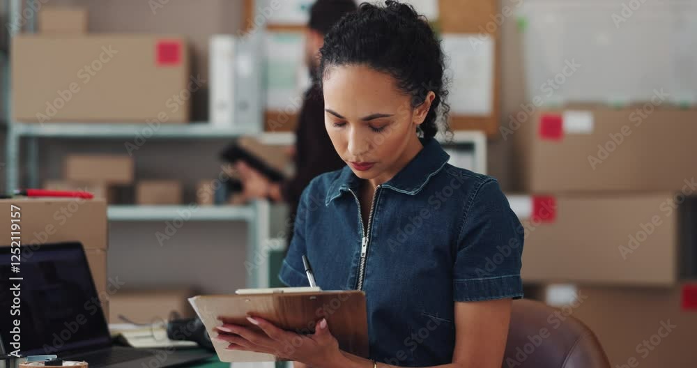 Woman, writing and checklist in warehouse for logistics, inventory ...