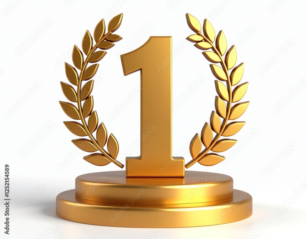 Golden one, 1st place, laurel wreath on podium. Success, victory ...