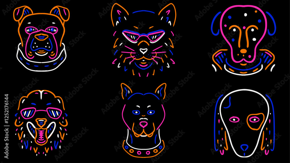 Photo & Art Print Hand drawn of neon dogs collection set on black ...