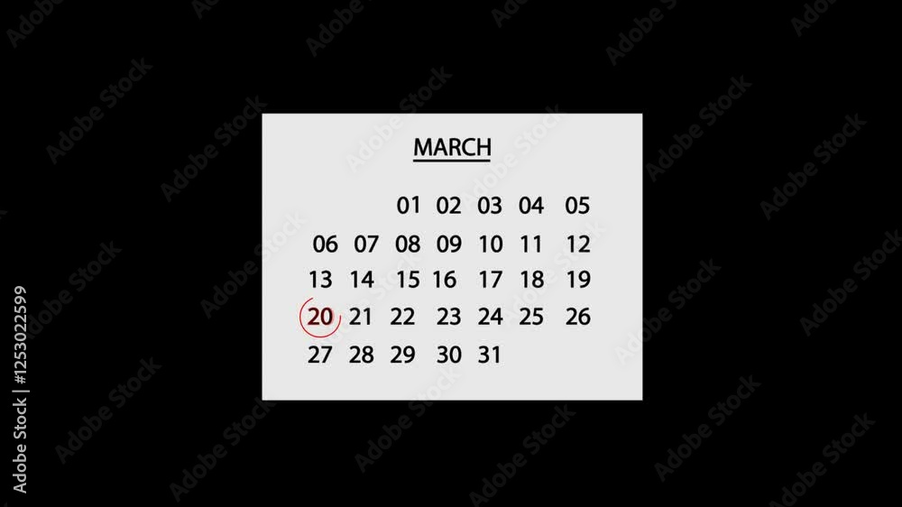 20 March Calendar Date Animation on black background. Calendar date ...