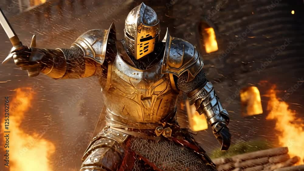Knight in Fiery Siege: A valiant knight, clad in shining golden and ...