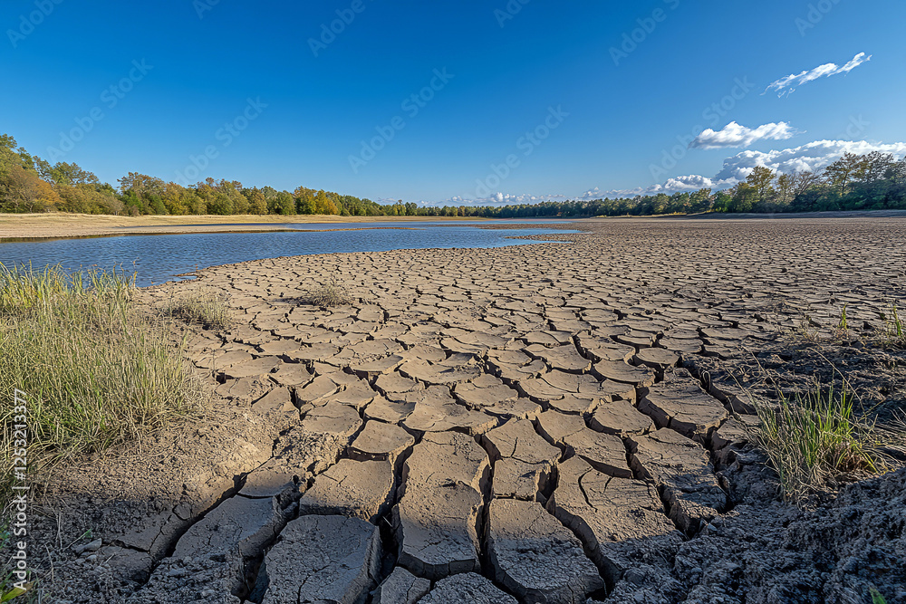 Poster Drought-stricken landscape with cracked earth and a shrinking ...