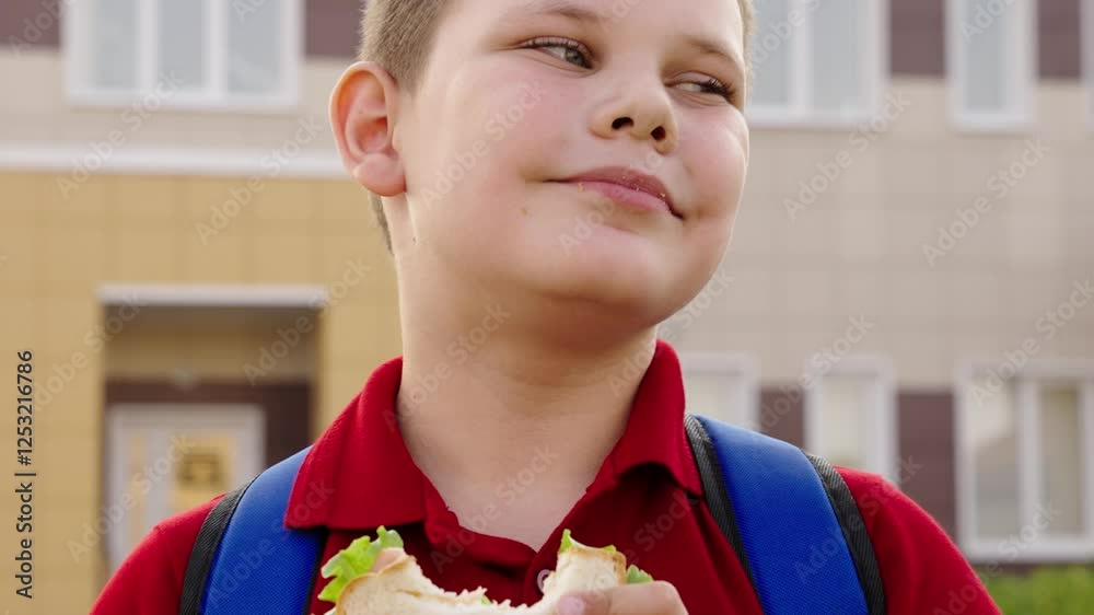 student with school backpack eat sandwich recess school yard. hungry ...