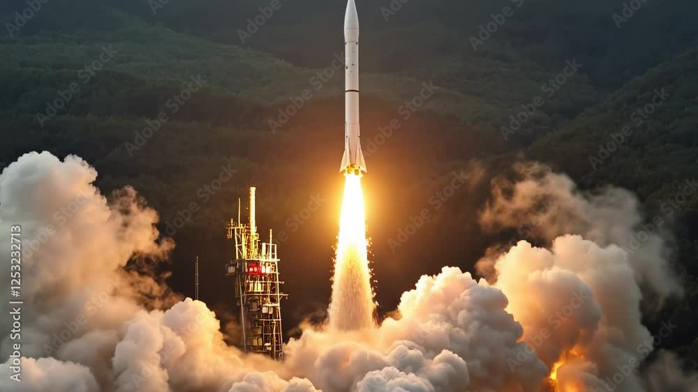 Ballistic Missile Launch from Military Testing Range with Flames and ...