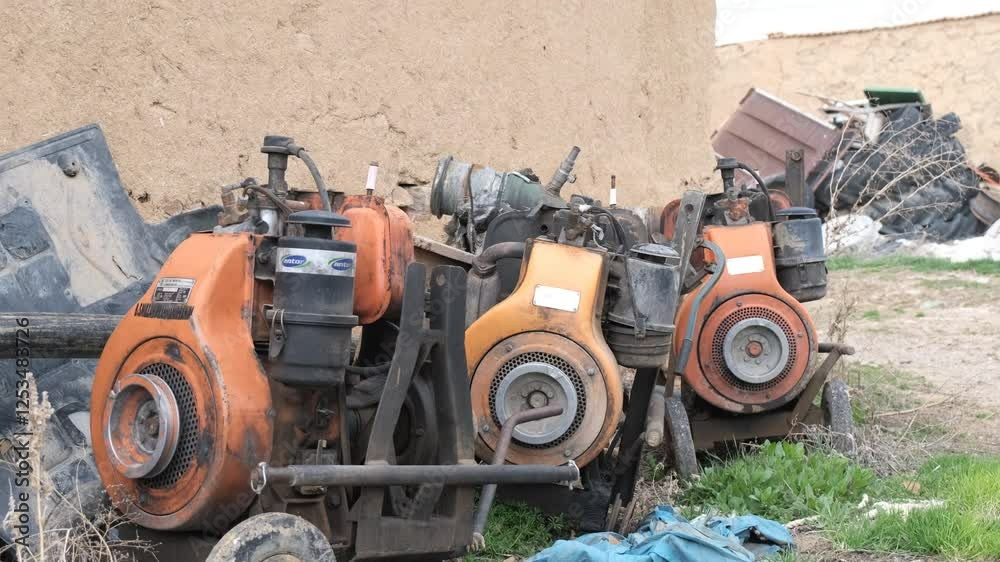 Image of several old Lombardini diesel engines side by side. These ...