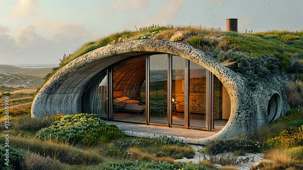 A modern, eco-friendly earth house with a green roof, blending ...