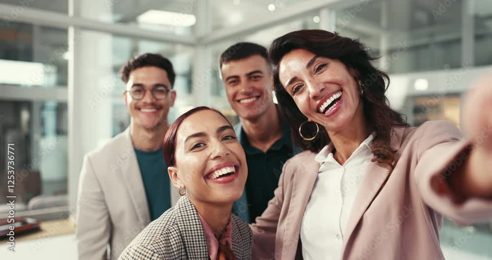 Selfie, face and employees in office, happy and celebration for ...