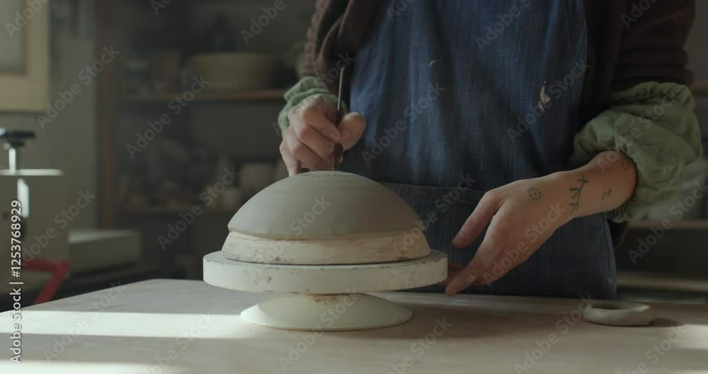 Hands shape a clay dome on a rotating wheel, refining its form. The ...