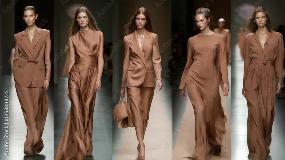 Models present elegant outfits dresses and costumes featuring the mocha ...