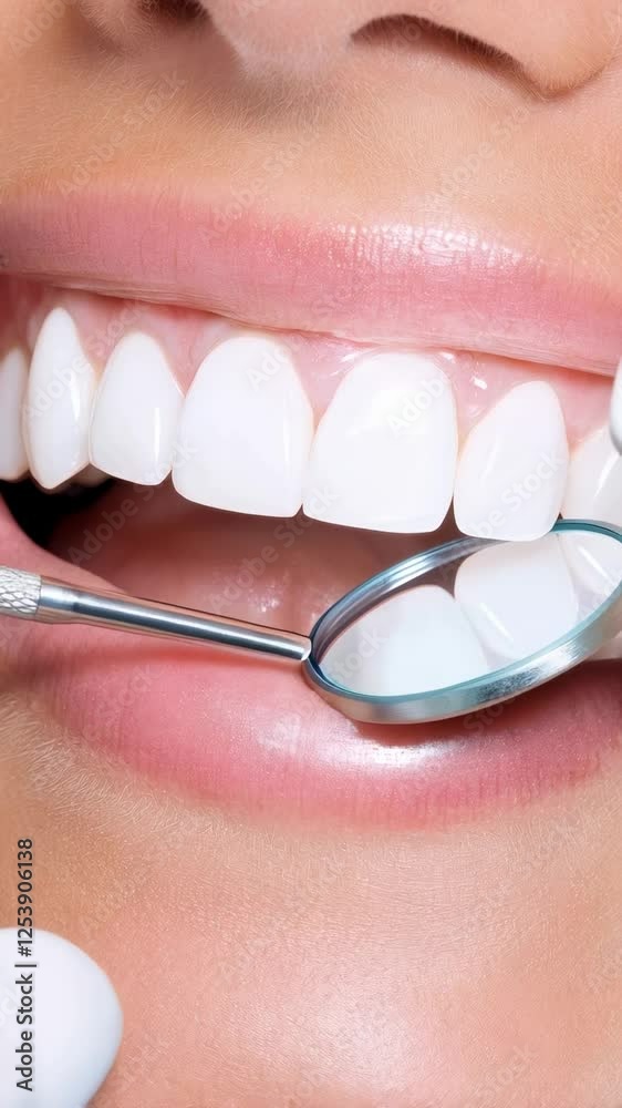 Dental mirror reflecting gleaming white teeth, showing perfect smile ...