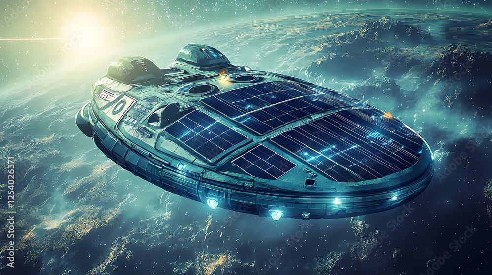 Poster Solar cell spaceship with alien artifacts: a spaceship with ...