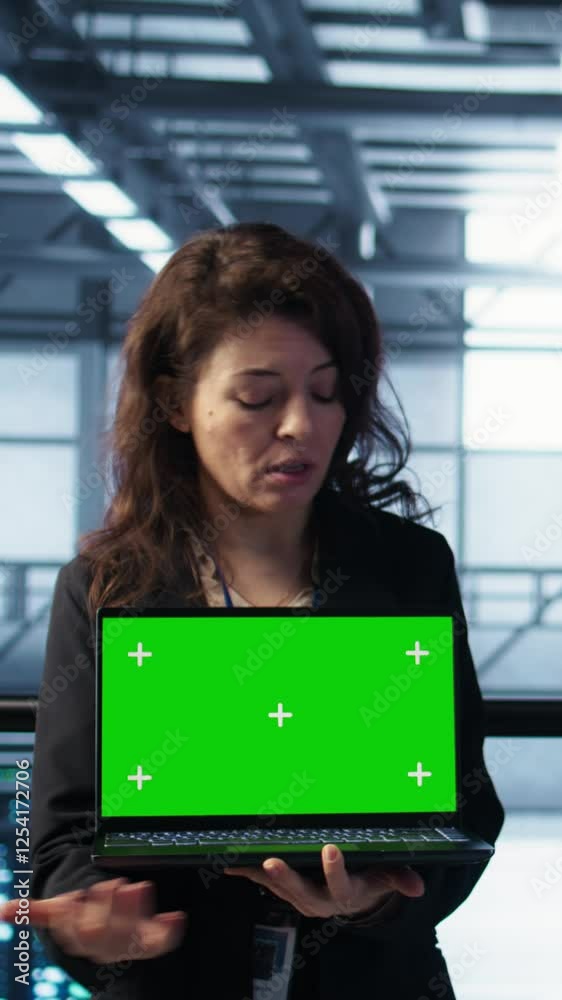 Vertical video Data center IT team automating routine maintenance tasks with green screen laptop ...