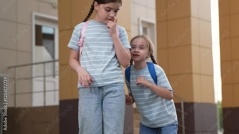 cheerful children walk during recess in the school yard, girlfriends ...