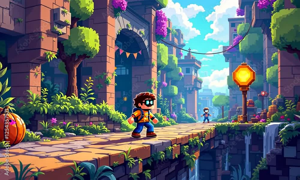 Pixel art adventurer exploring vibrant city, waterfalls background ...