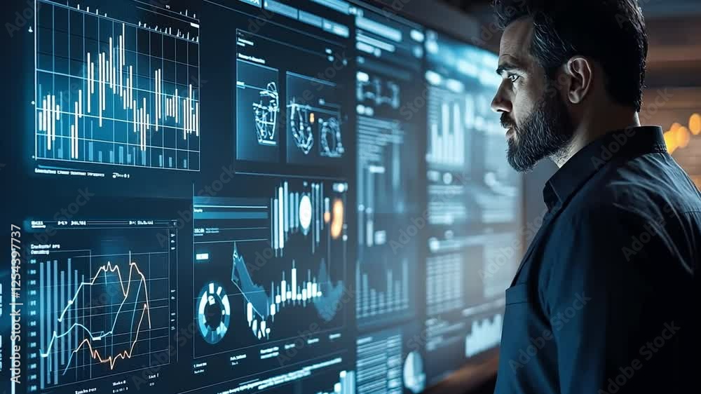 Data Analyst at Work: A focused man studies complex data visualizations ...