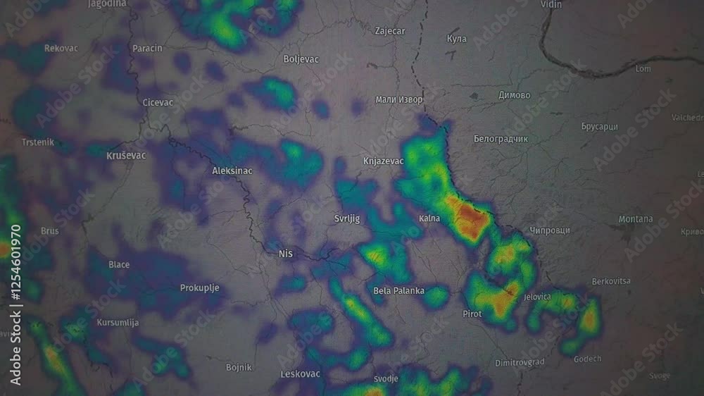 Animated weather radar map of Serbia showing rainfall intensity. Static ...