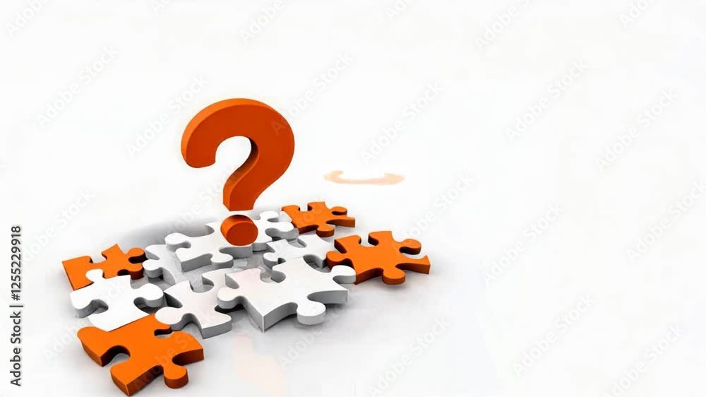 Question mark placed on top of puzzle pieces on a white background ...