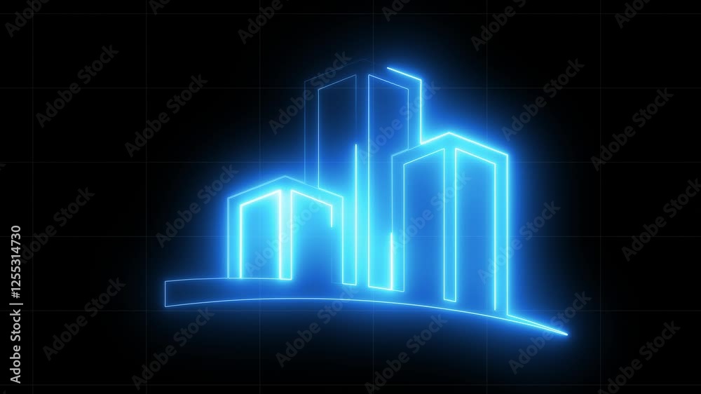 Neon building icon animation, shiny symbol. glowing House, home ...