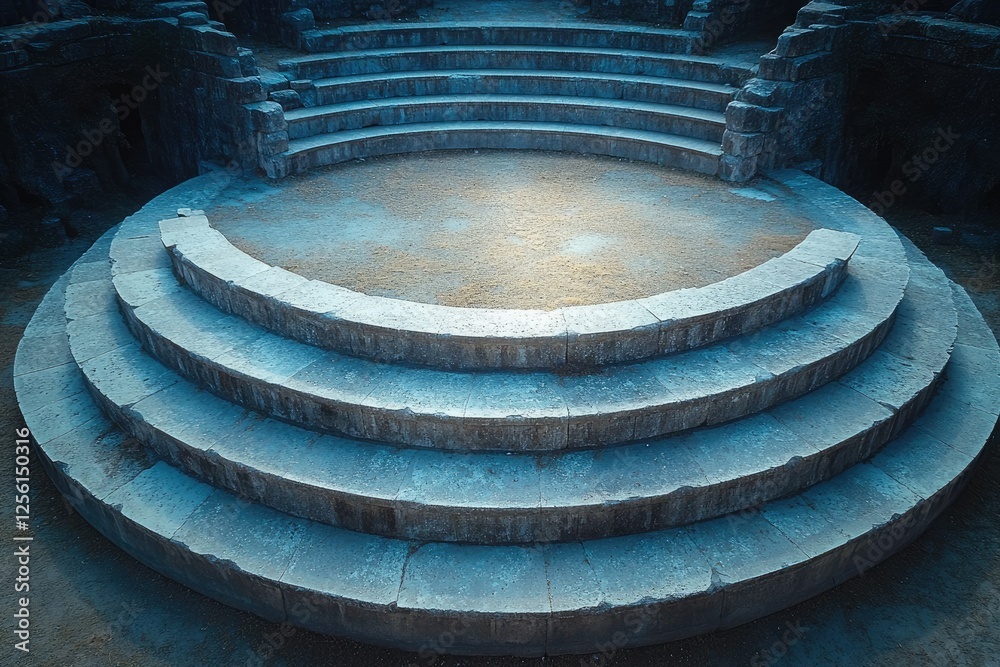 Poster Ancient Stage: A circular stage, carved from stone, stands alone ...