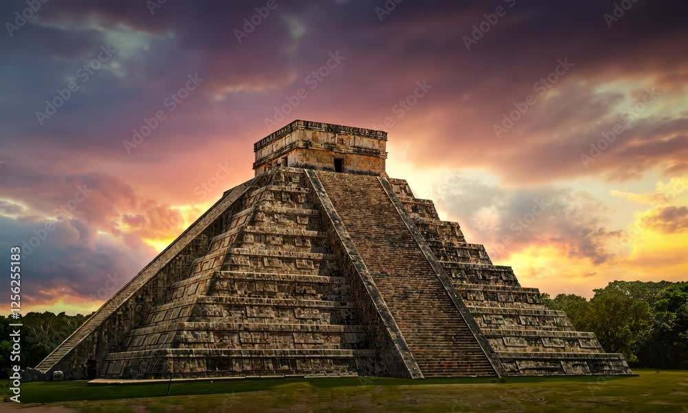 Chichen Itzá, Yucatán. Mayan pyramid of Kukulcan El Castillo at sunset ...