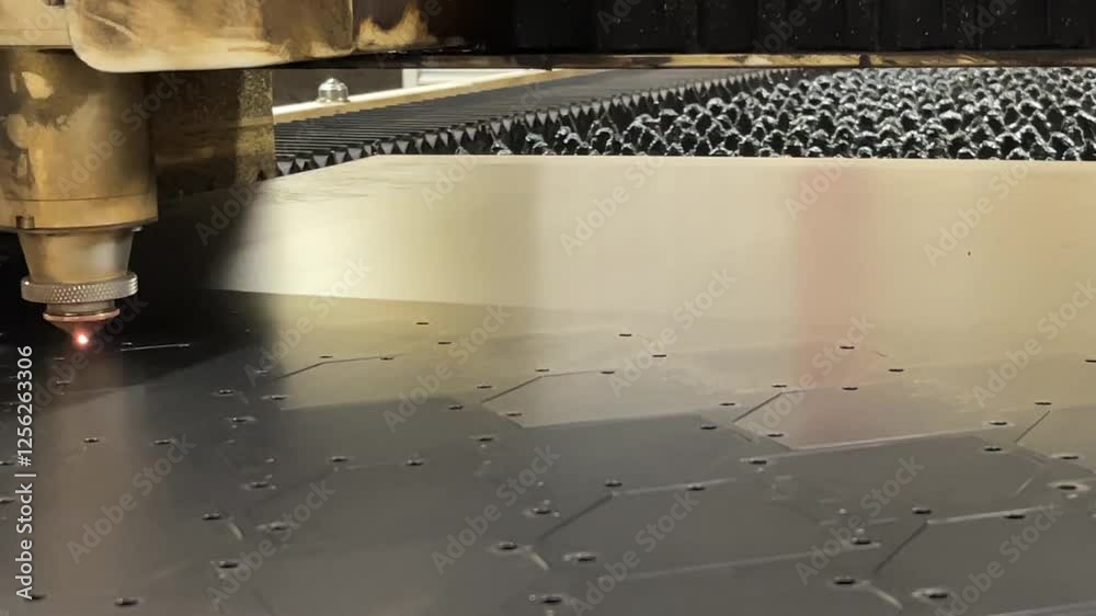 The image shows a close-up of a laser cutter in action, cutting through ...