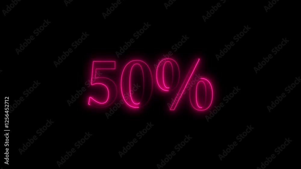 50% text animation by neon line on black background. Neon line 50 ...