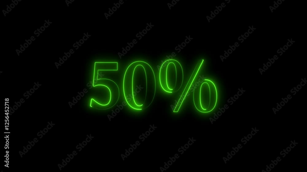 50% text animation by neon line on black background. Neon line 50 ...