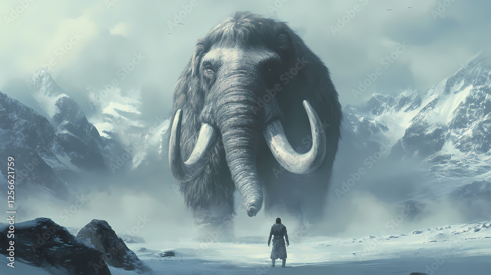 Poster Prehistoric encounter ancient human facing woolly mammoth in ...