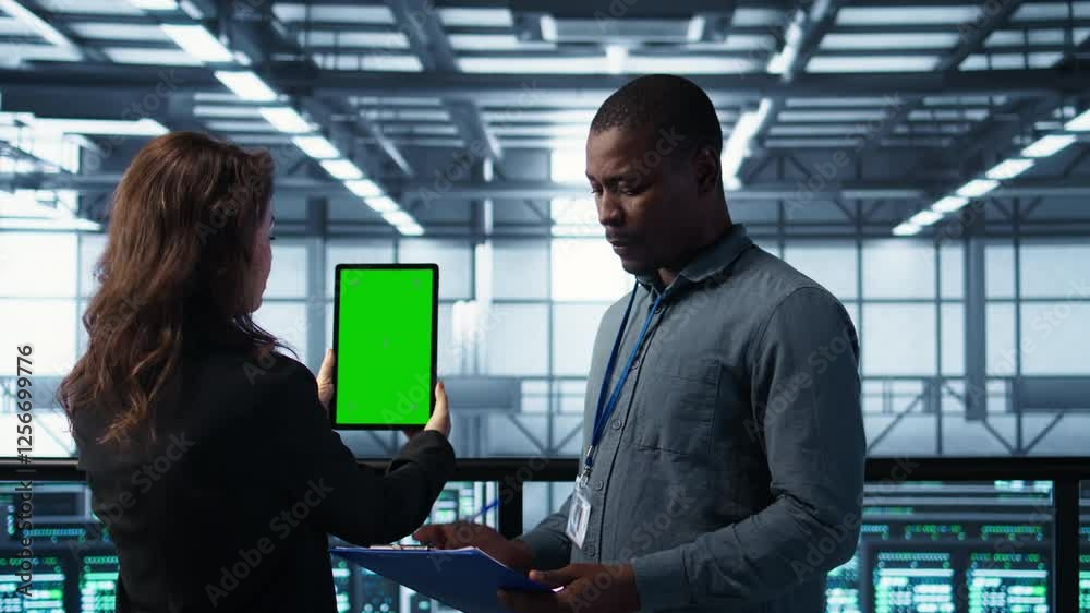Technicians in data center using green screen tablet, reviewing hardware diagnostics. IT ...