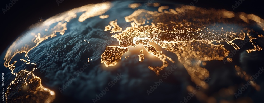 Poster A world map adorned with digital overlays for a global security ...