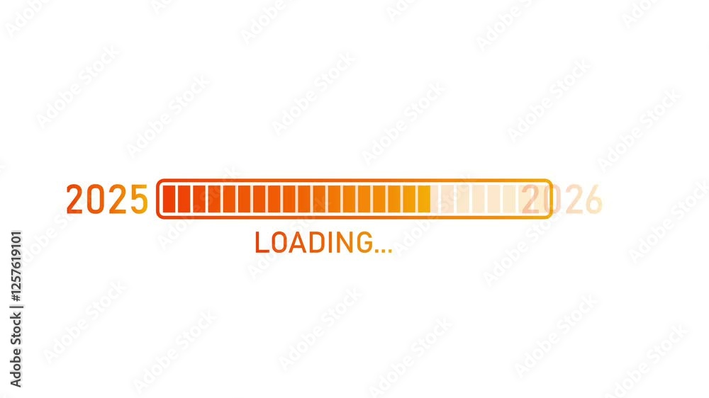 Year changing from 2025 to 2026 4k animation. Orange color loading bar ...